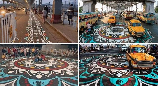 Kolkata's Howrah Bridge comes alive with alpana' art ahead of Durga Puja